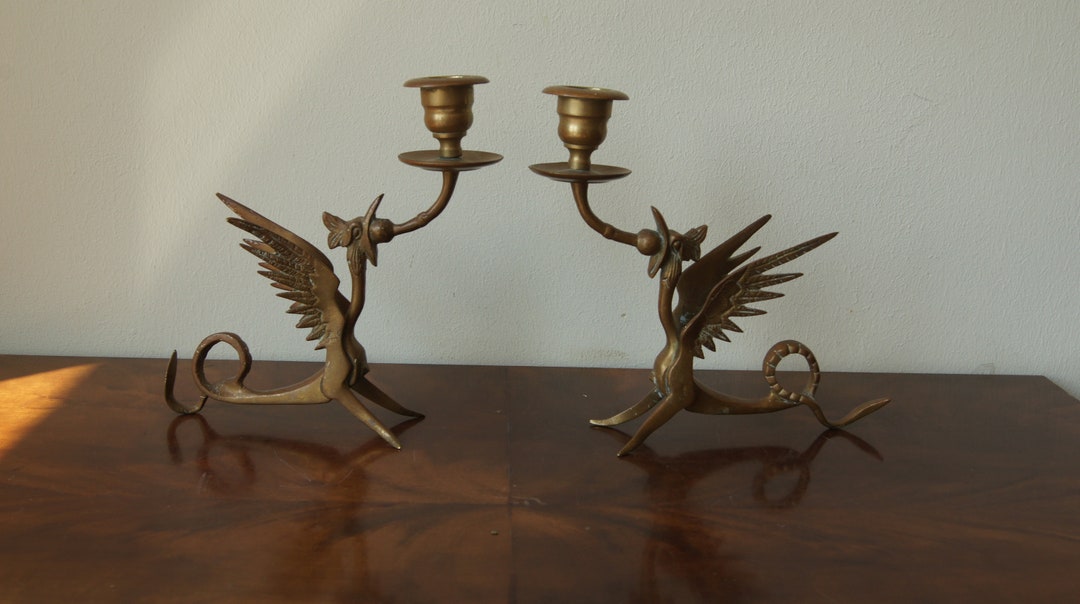 Antique Vintage Pair Solid Brass Griffin Dragon Candle Holders Antique ...