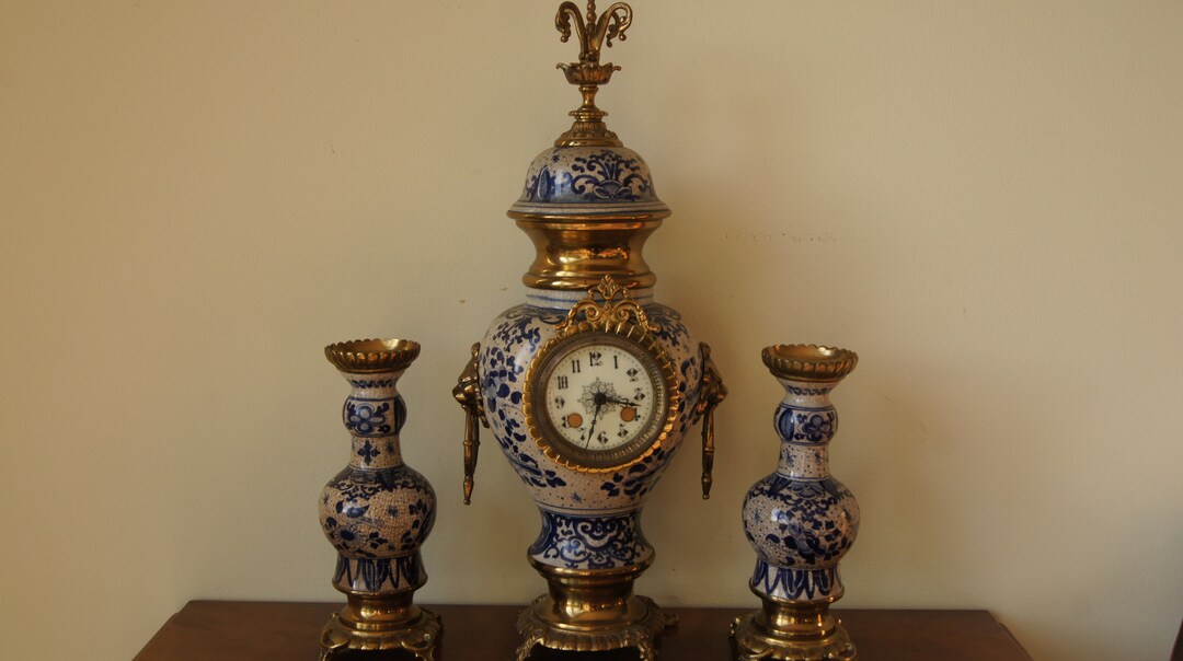 Mantel Clock Delft Blue White Porcelain Hand Painted Bronze and Brass ...