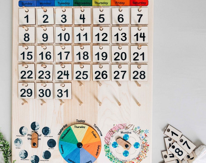 Expanded Wooden Perpetual Calendar With Seasons, Moon Phases, Months ...