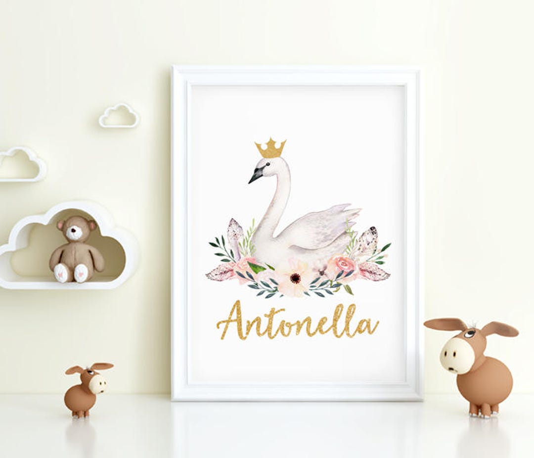 Personalized PRINTABLE White Swan Princess Name Print Nursery Sign Faux ...