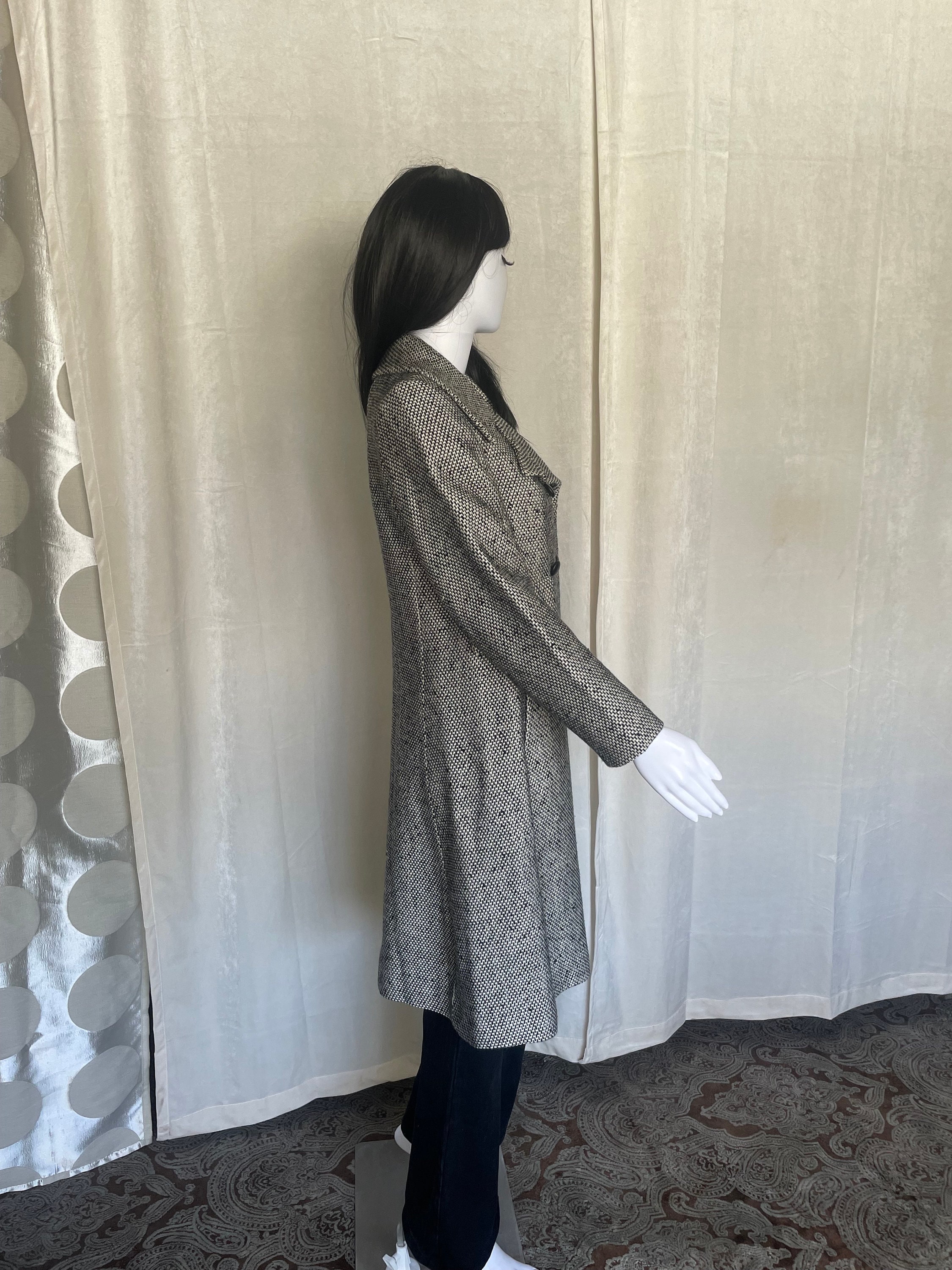 1960s Vintage Mod Black & White Silvertweed Long Peacoat, 1970s Fitted ...
