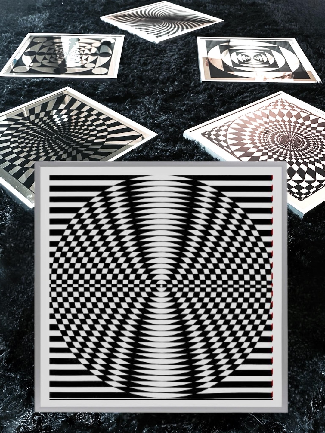 Hand Printed 12" Psychedelic Mod OP ART Mirror, 60s 1970s Space Age Pop ...