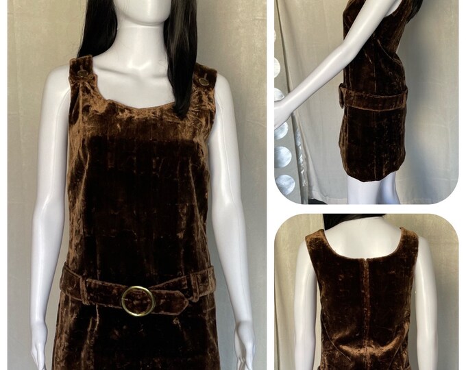 60s Vintage Mod Root Beer Brown Crushed Velvet Mini Dress W/ Low Waist ...