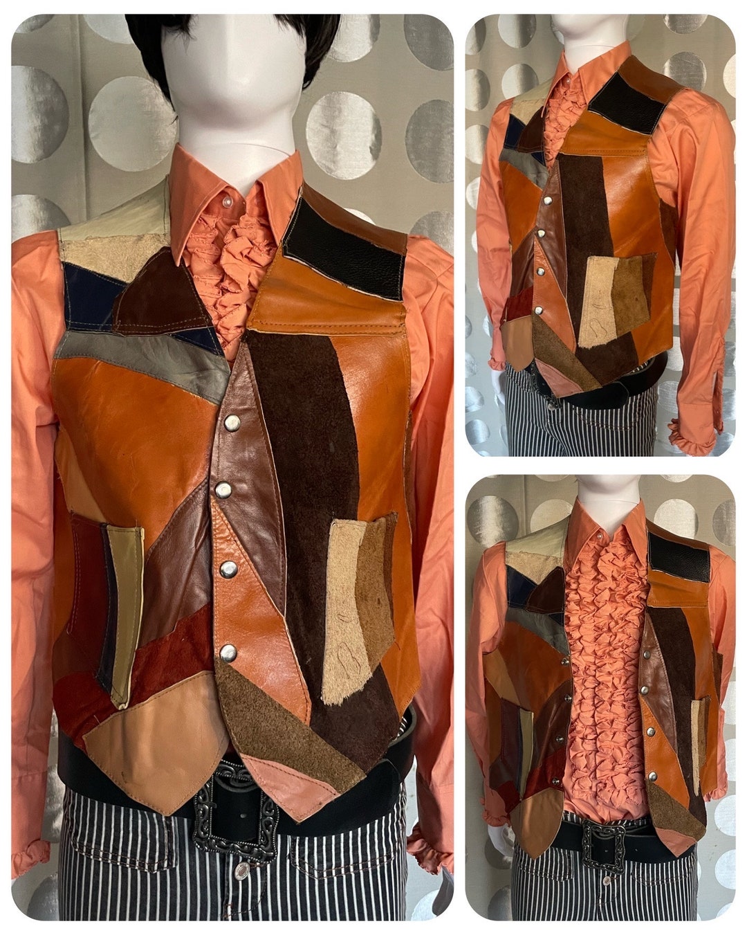 60s 70s Vintage Hippie Biker Outlaw Mod Patchwork Leather Suede Vest Snaps Pockets Woodstock ...
