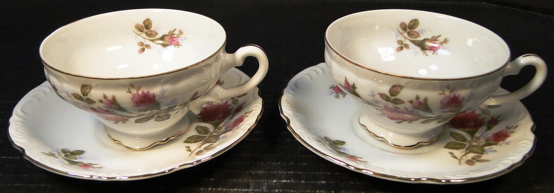 Bond Fine China Pompadour Rose Tea Cup Saucer Sets Moss Rose 50's 2 ...