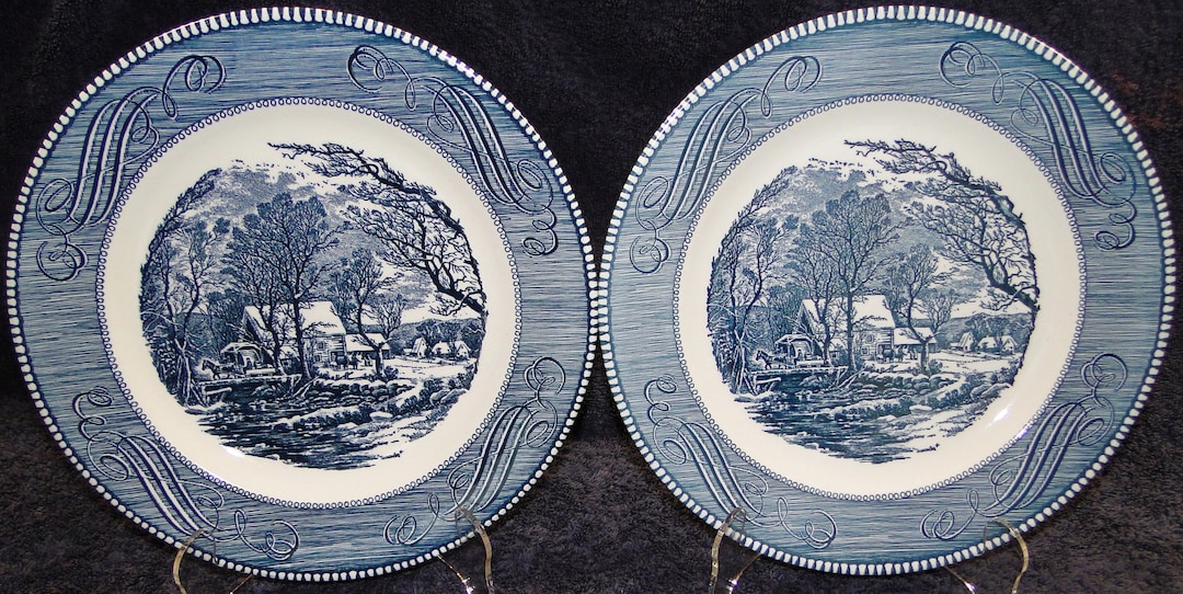 Currier & Ives Dinner Plates, Royal China Blue Old Grist Mill (set of 2 ...