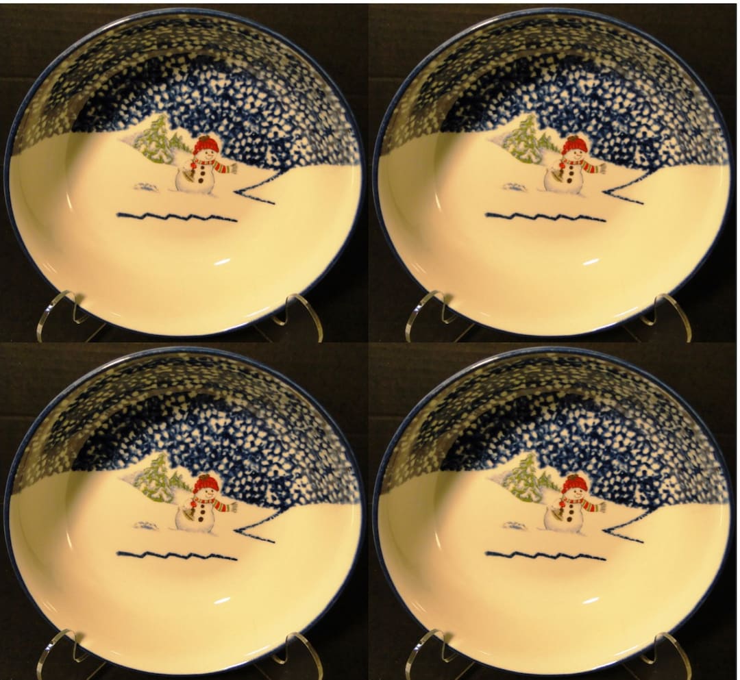 Thomson Pottery Snowman Cereal Bowls 6 1/2" Blue White Winter Scene Set ...