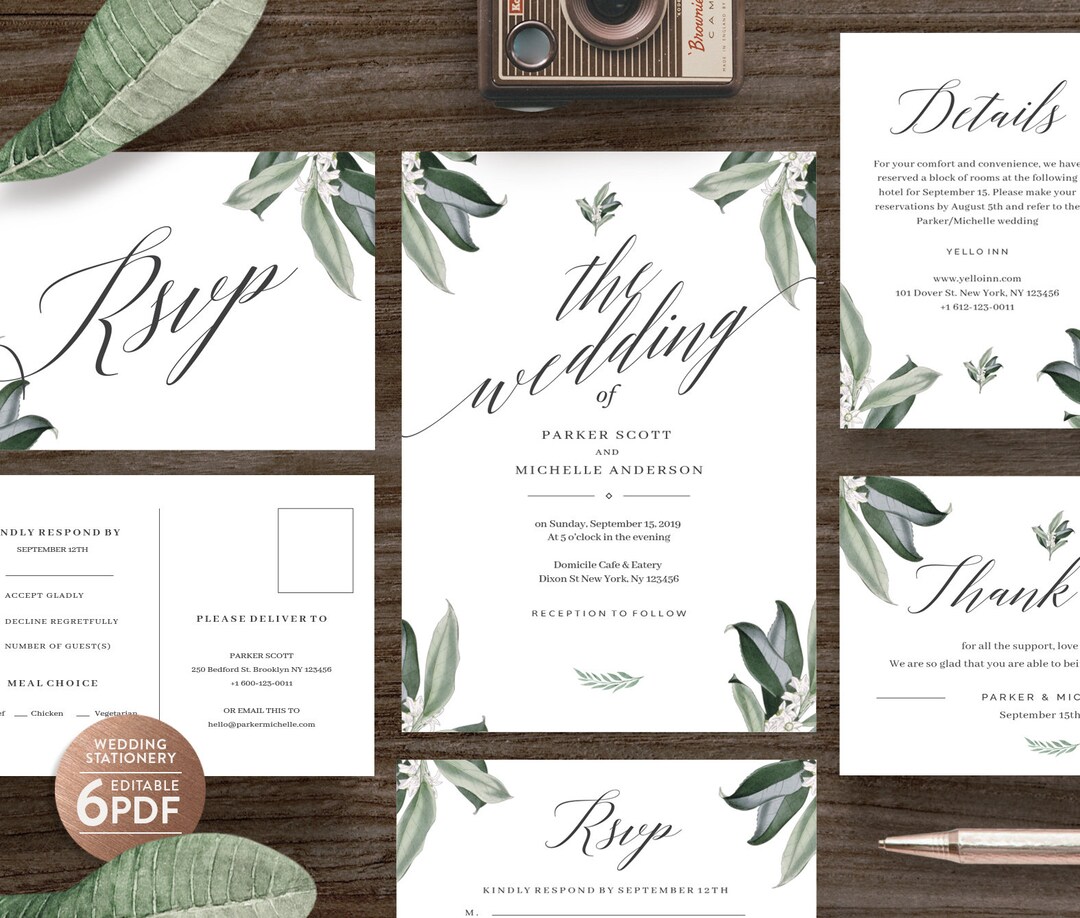 Greenery Wedding Invitation Template, Printable Wedding Invitation ...