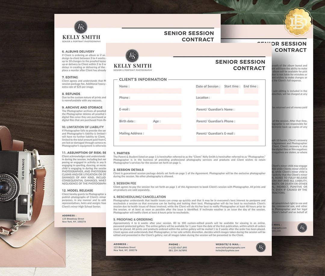 Session Contract Template for Senior Photographer, Photography Contract ...