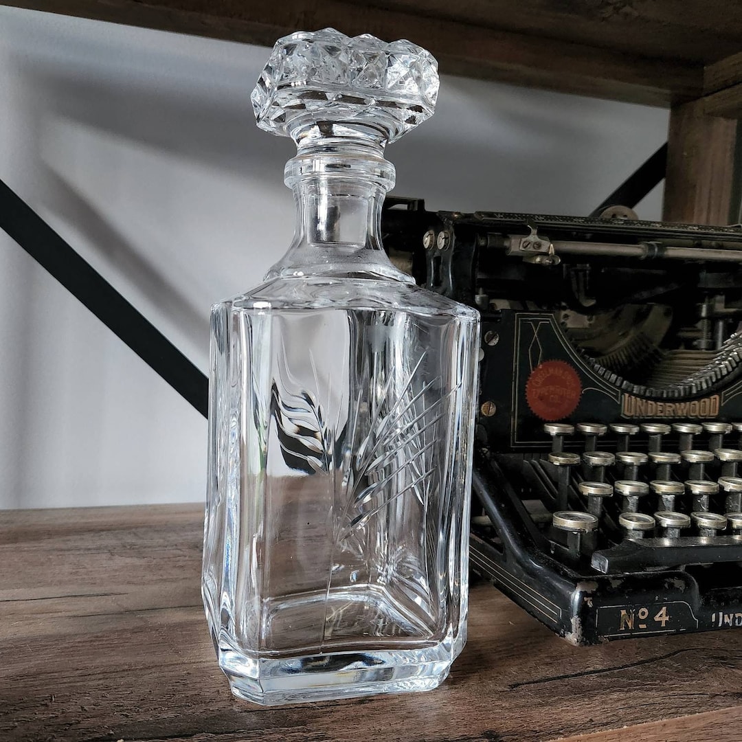Crystal Glass Square Decanter Wheat Sheaf Motif Mid Century Barware ...