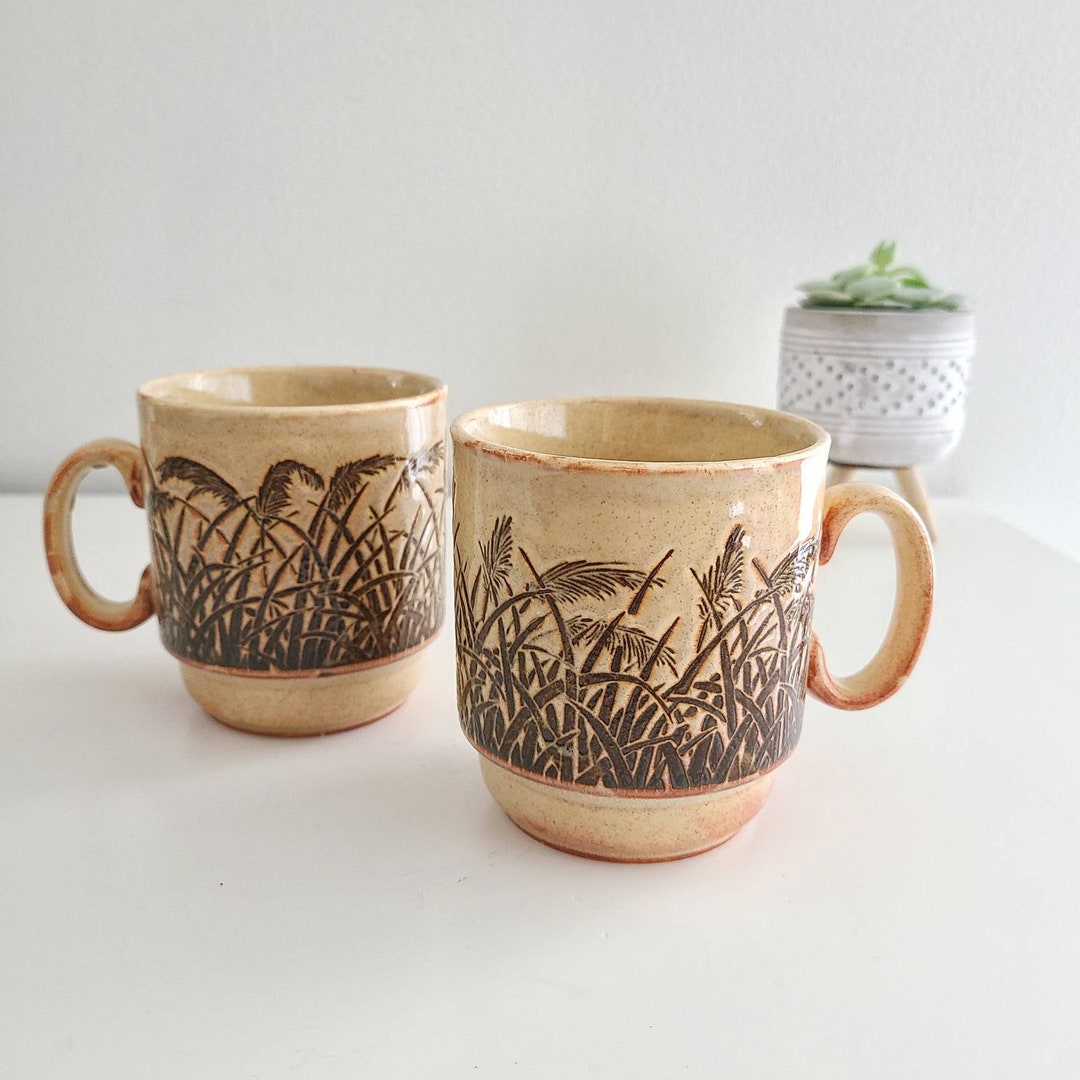 MCM Stoneware Mugs Vintage Wheat Mugs Pair of Mid Century Brown Pottery ...