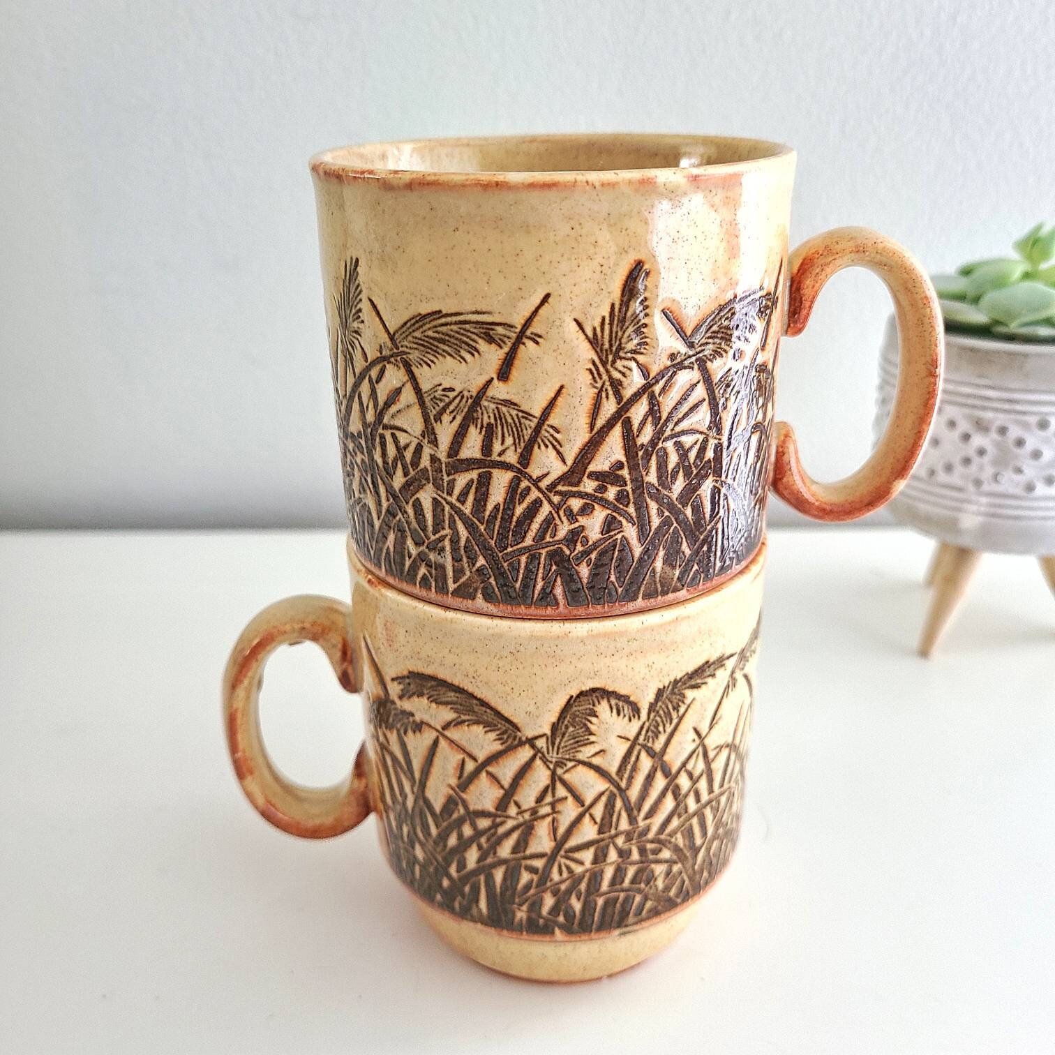 MCM Stoneware Mugs Vintage Wheat Mugs Pair of Mid Century - Etsy