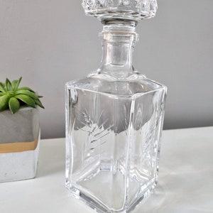 Crystal Glass Square Decanter Wheat Sheaf Motif Mid Century Barware ...
