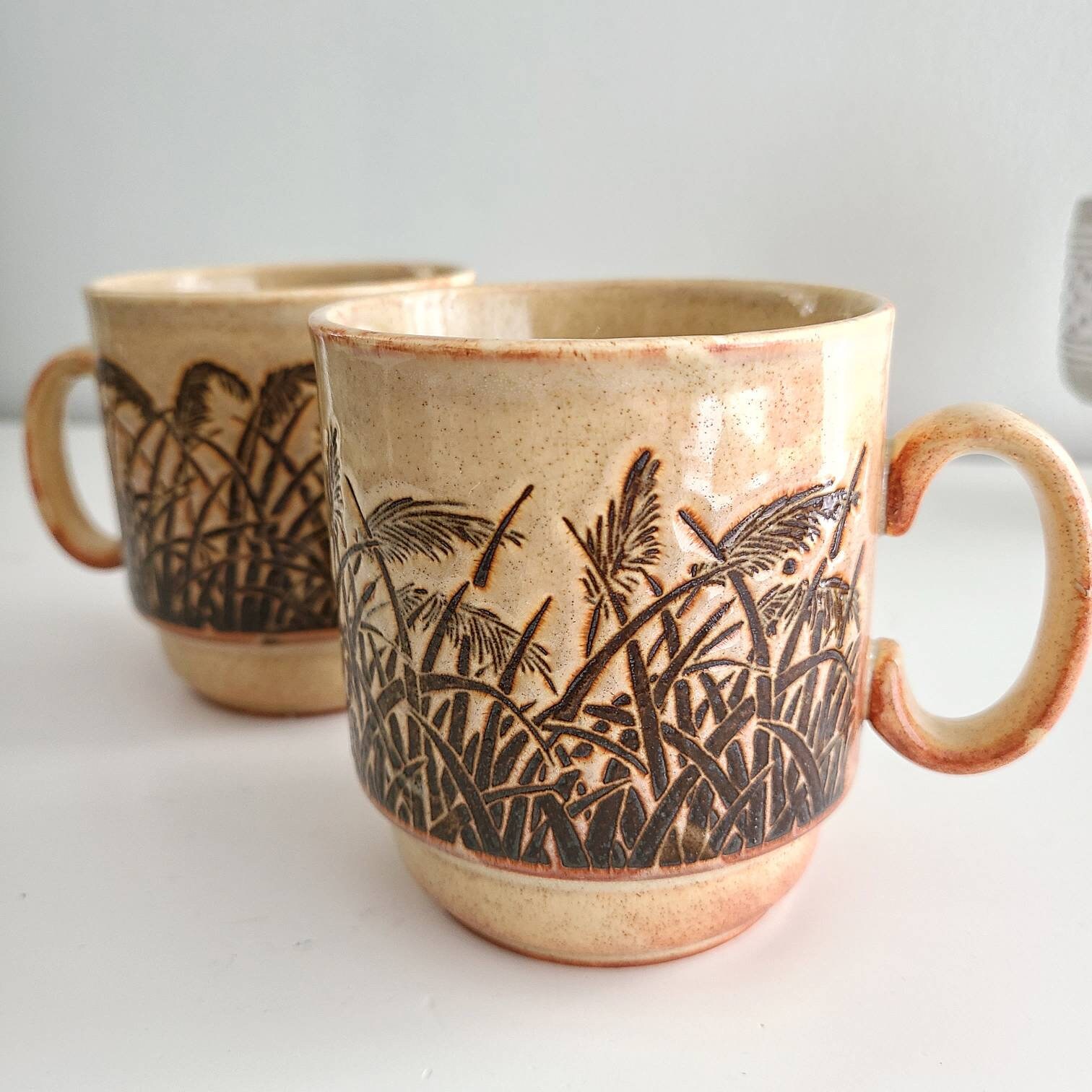 MCM Stoneware Mugs Vintage Wheat Mugs Pair of Mid Century Brown Pottery ...