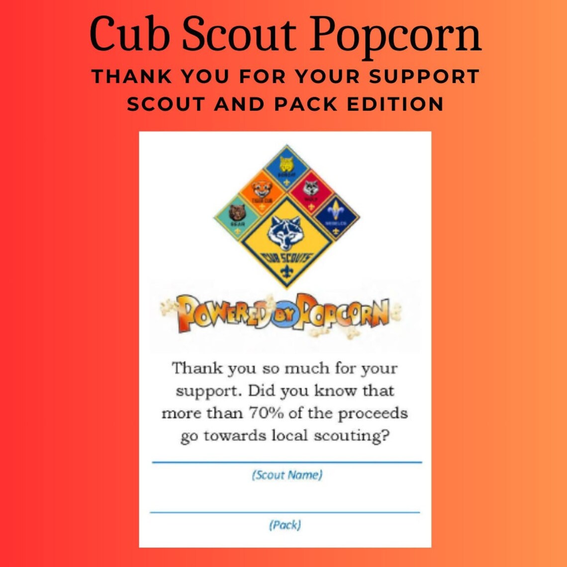 Cub Scout Popcorn thank You for Your Support Card Scout and Pack ...