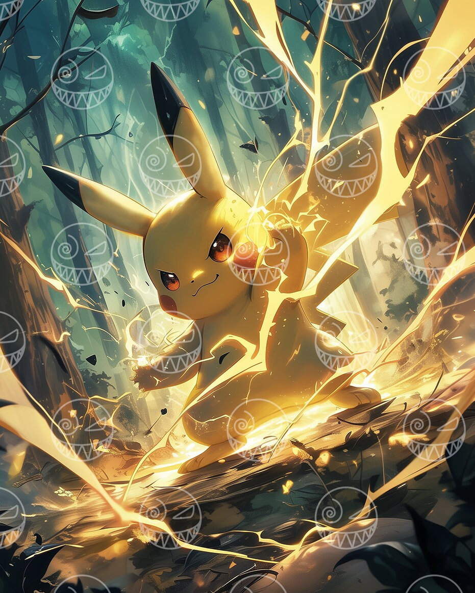 AI - Pikachu Thunderbolt Anime Art Print: Gamer Home Decor (digital ...