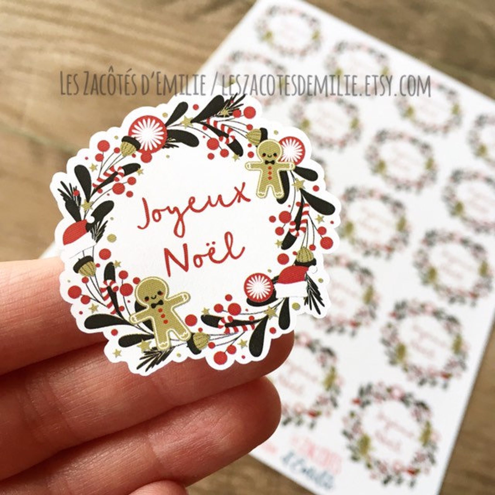 Joyeux Noël Paper Stickers in Christmas Wreath Gingerbread | Etsy