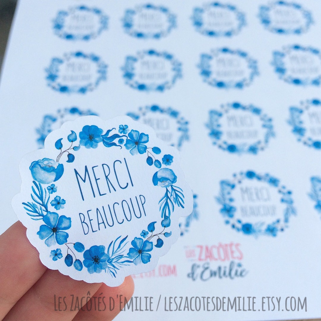 Stickers "merci Beaucoup" Paper Stickers With a Blue Wreath - Etsy