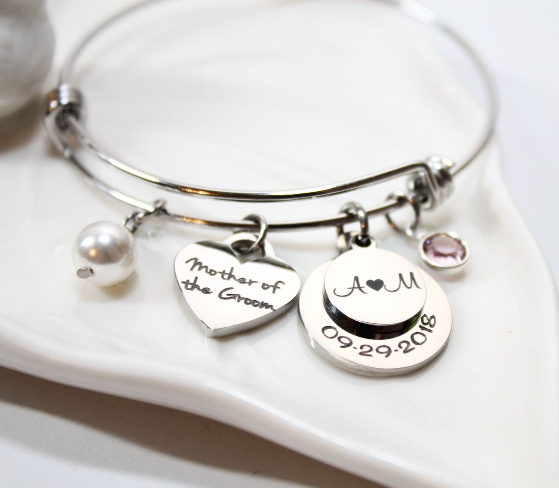 Personalized Mother of the Bride Bangle, Stainless Steel Charm Bracelet ...