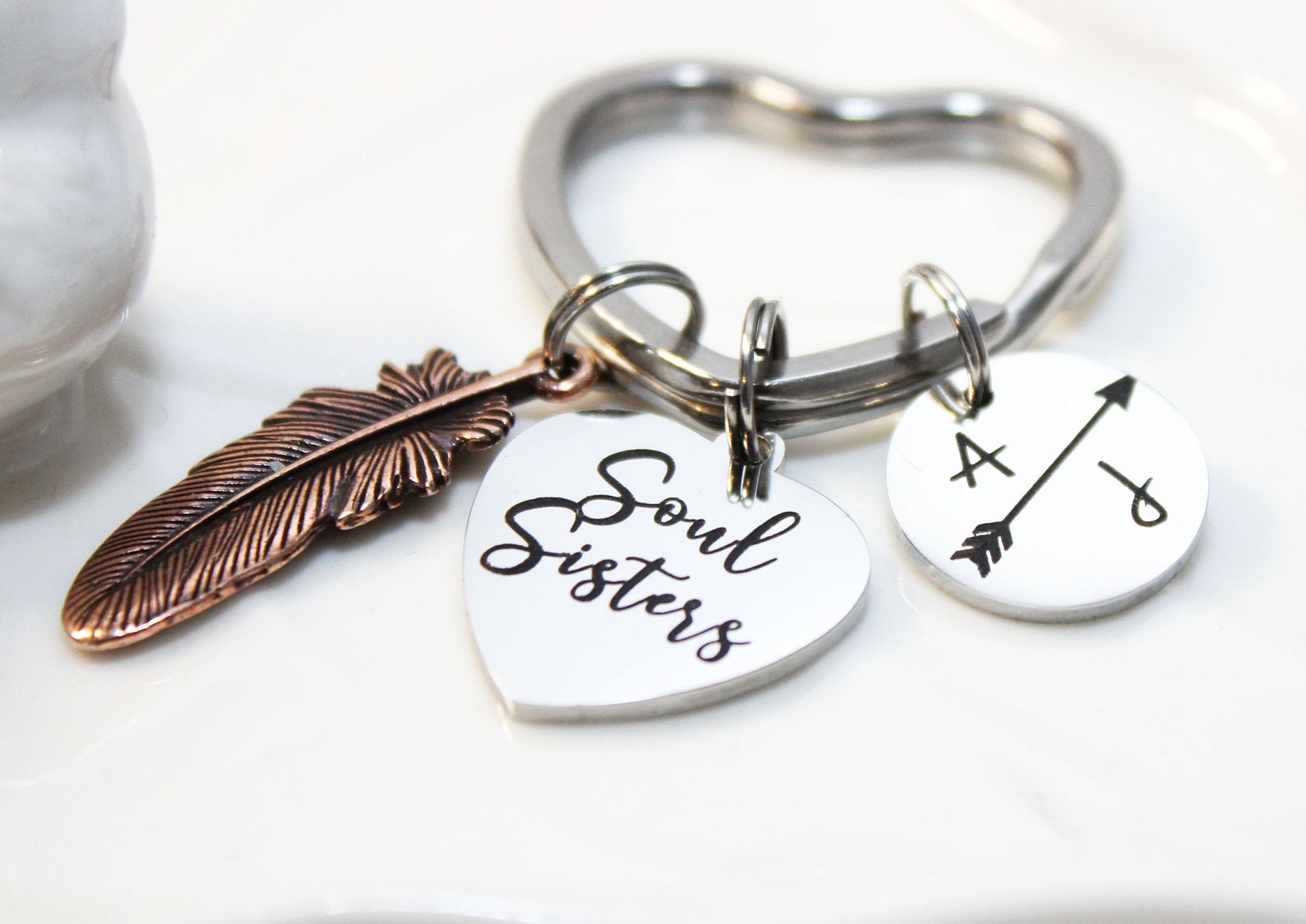 Soul Sisters Keychain Set, Personalized Initial Charm, Feather Charm - Etsy