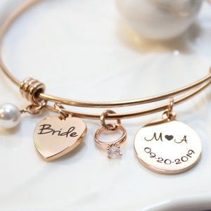 Personalized Bride Bangle Bracelet, Engraved Initials and Date, Wedding ...
