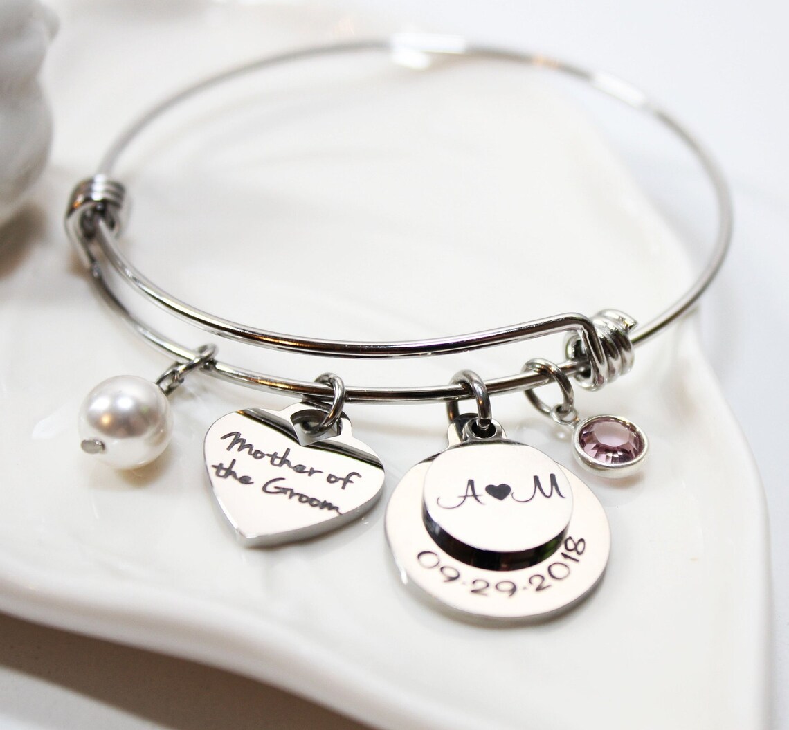Personalized Mother of the Bride Bangle, Stainless Steel Charm Bracelet ...