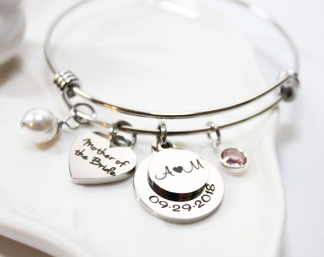 Personalized Mother of the Bride Bangle, Stainless Steel Charm Bracelet ...