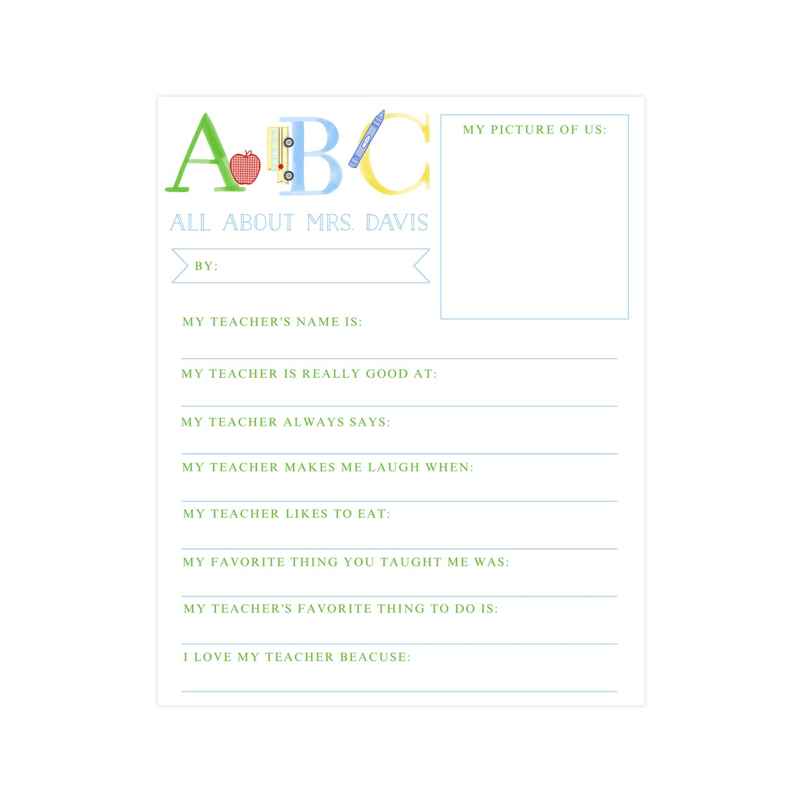 Editable All About My Teacher Letter, Printable All About My Teacher ...