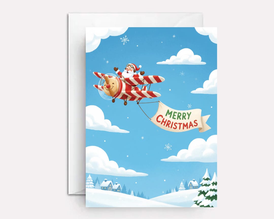 Santa Biplane Christmas Card – Whimsical Holiday Cheer - Etsy