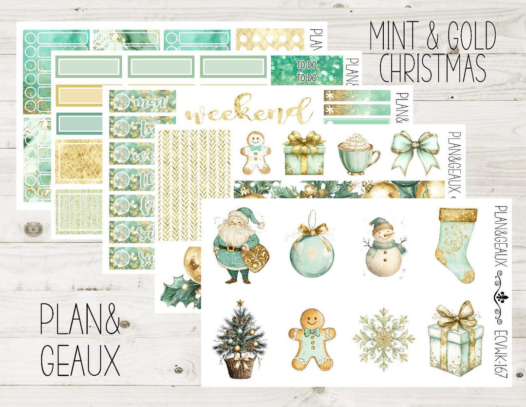 Christmas Mint Gold Weekly Kit Planner Stickers, Christmas Stickers ...