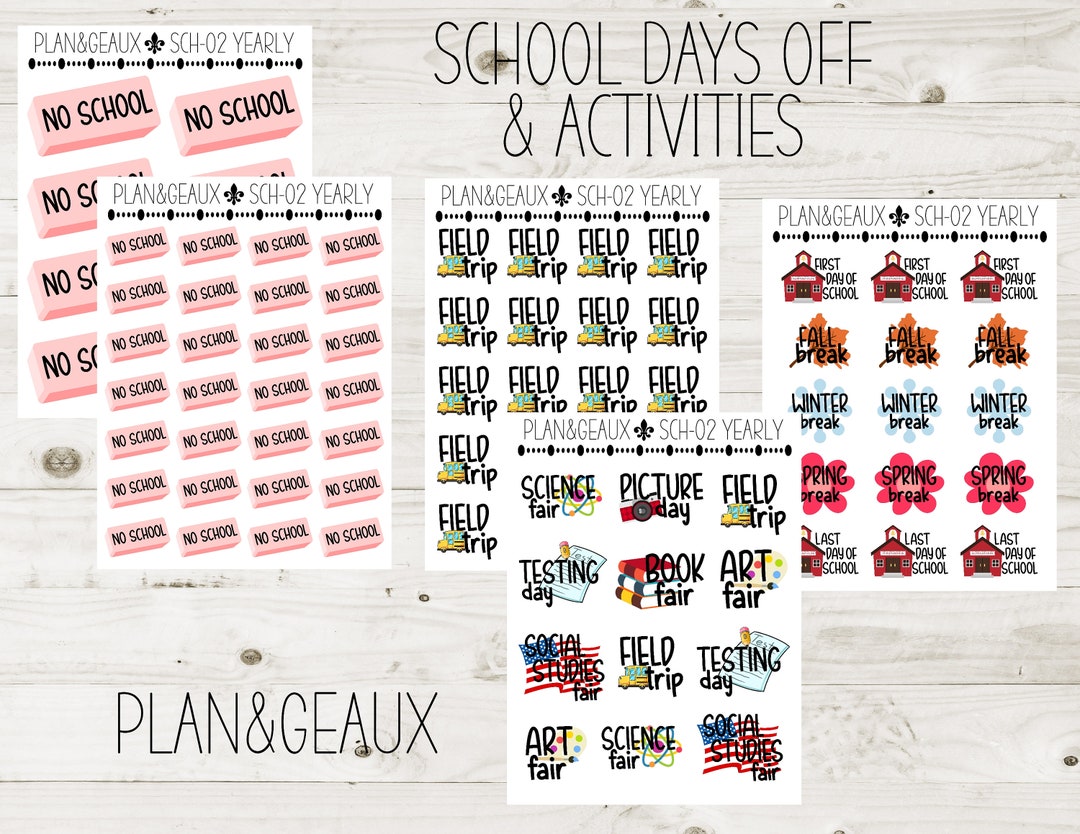 School Breaks, No School Stickers, Yearly Activities Planner Stickers ...