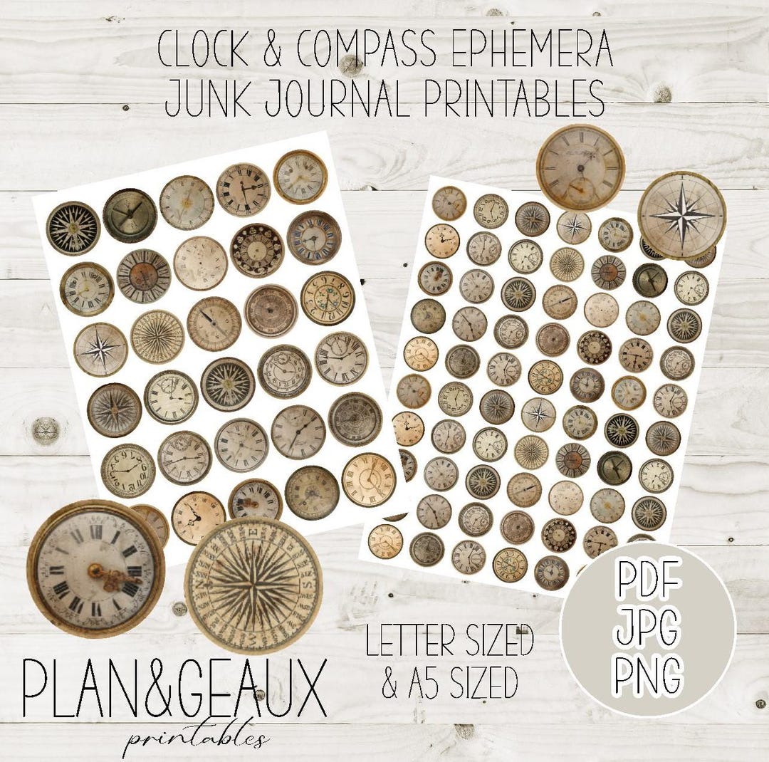 PRINTABLE JUNK JOURNAL Pages, Vintage Clocks and Compass Ephemera Junk ...