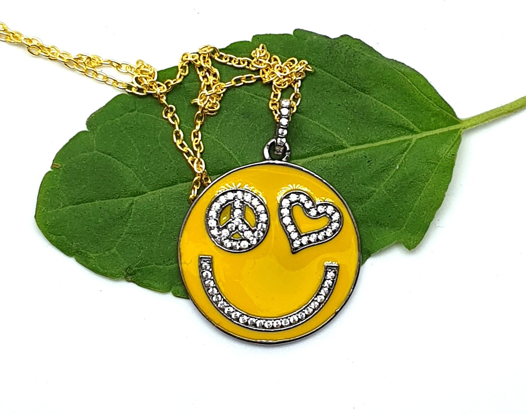 Pave Diamond Charm Pendant, Smiley Face Pendant, Enamel Charm, Enamel ...