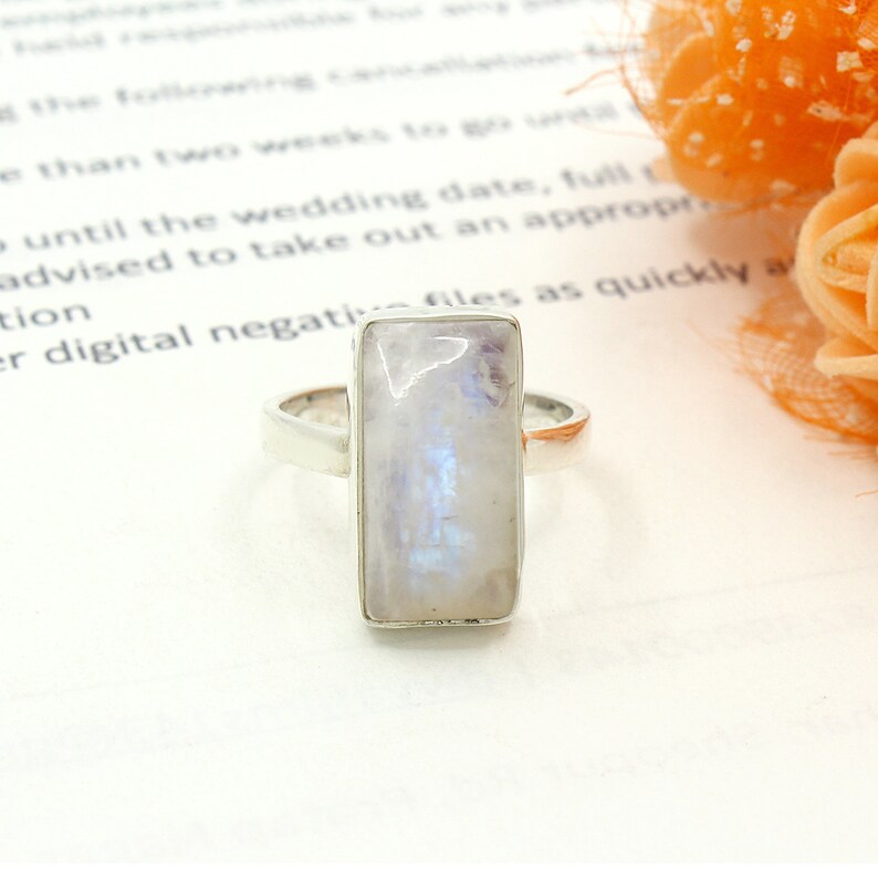 Natural Rainbow Moonstone Ring, 925 Sterling Silver Ring, Statement Ring, Long Rectangle Ring ...