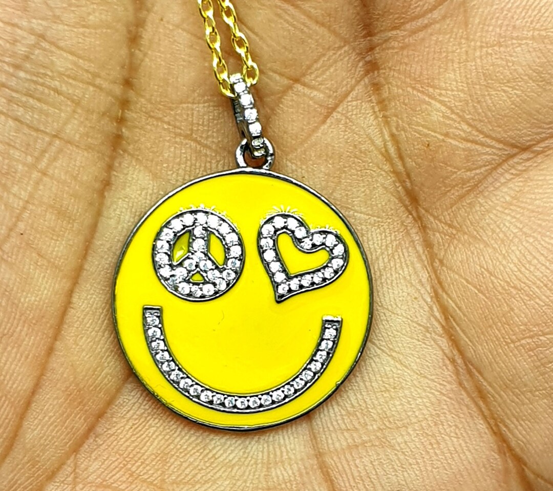 Pave Diamond Charm Pendant, Smiley Face Pendant, Enamel Charm, Enamel ...