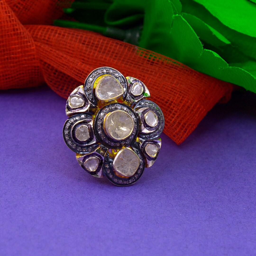 Antique Polki Diamond Ring, Sterling Silver Ring, Diamond Ring, Polki ...