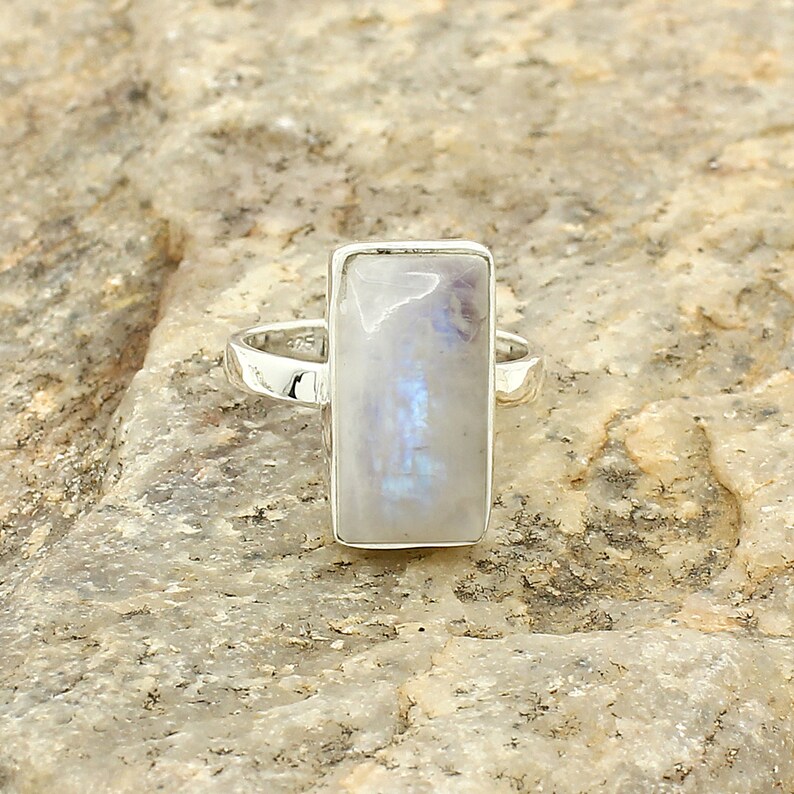 Natural Rainbow Moonstone Ring, 925 Sterling Silver Ring, Statement Ring, Long Rectangle Ring ...