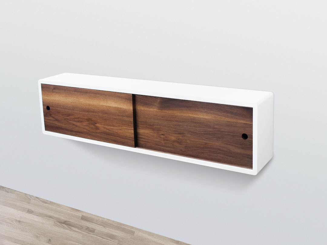 Modern Floating Console With Walnut Sliding Doors, Floating Credenza ...