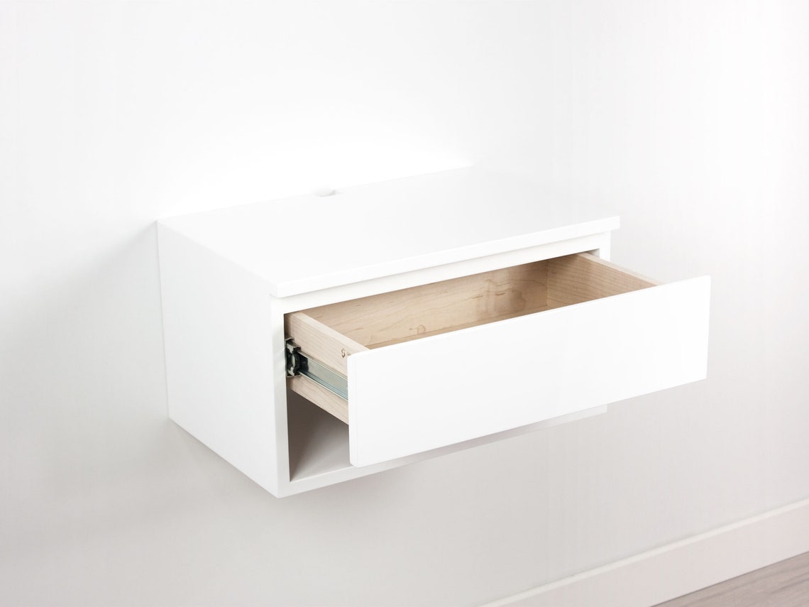 Blanca White Floating Nightstand Drawer Shelf, White Lacquer Coating ...