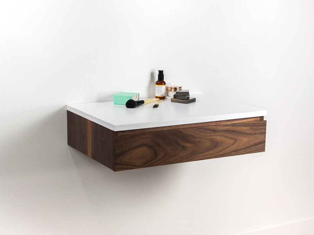 Blanca Solid Walnut Floating Make-up Vanity Drawer, Wall Mount Vanity ...