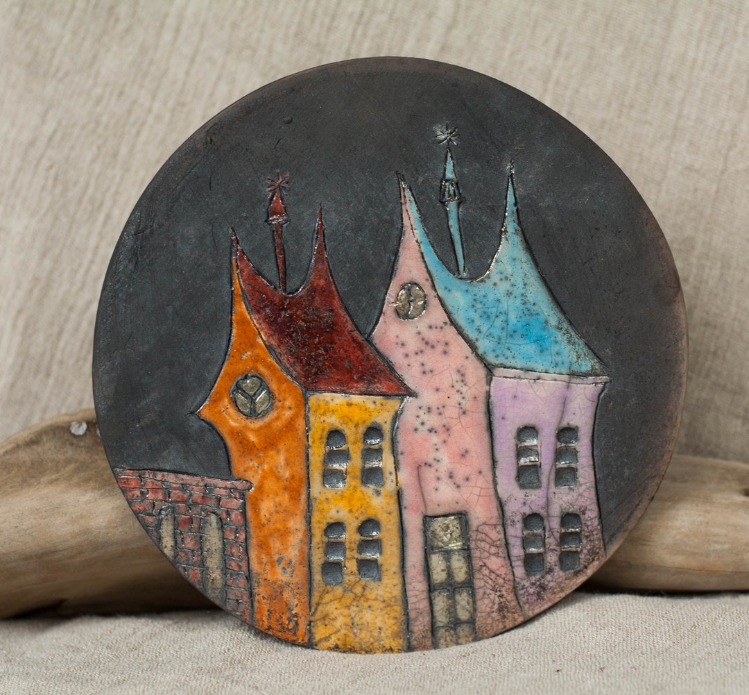 Raku Ceramic Art Tile With Houses, Wall Decor, Room Decor, Home Decor ...