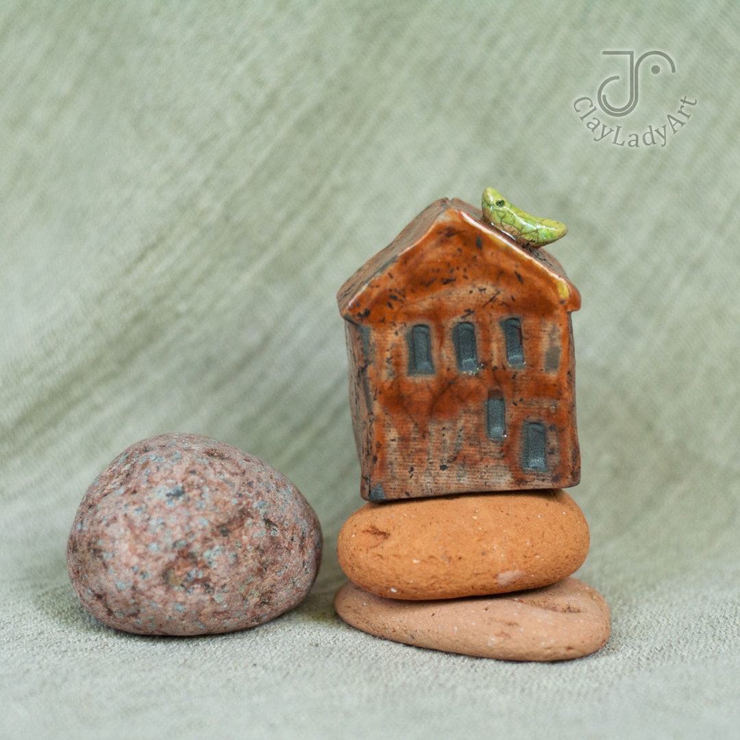 Ceramic Tiny House With Bird, Miniature House, Little Ceramic Cottage ...