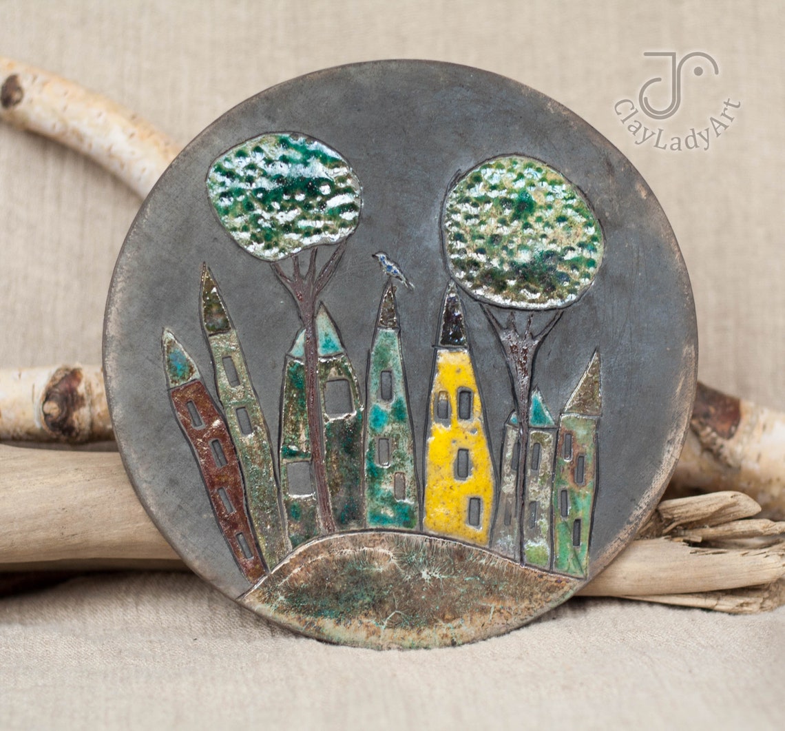 Raku Ceramic Art Tile With Tiny Houses Wall Decor Room - Etsy