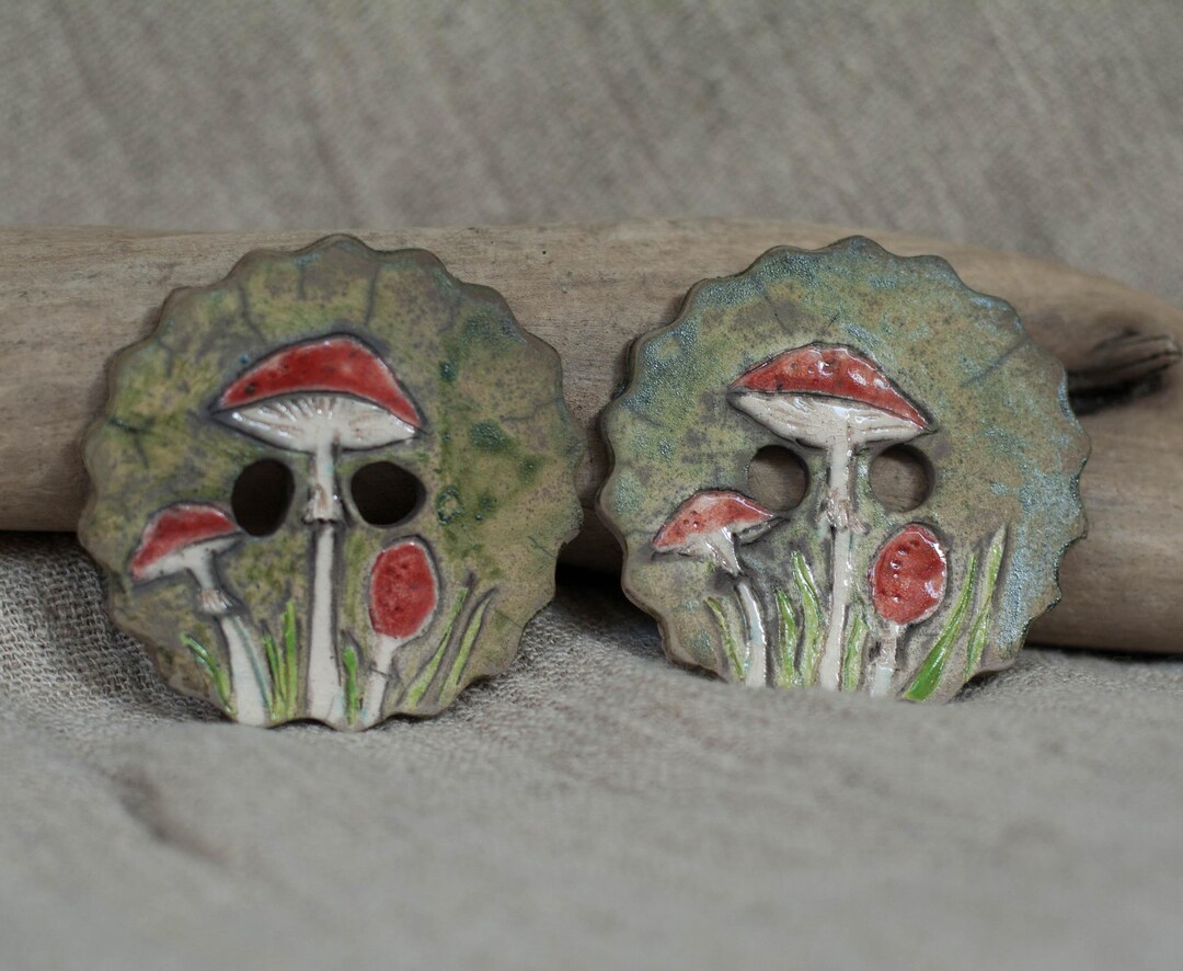 2 Ceramic Buttons With Toadstools, Sewing Accessories, Craft ...