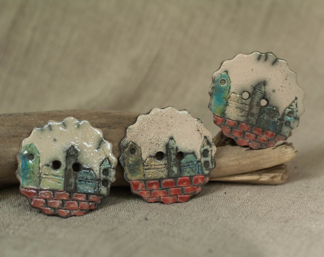 3 Ceramic Buttons With Houses, Sewing Accessories, Craft Accessories ...