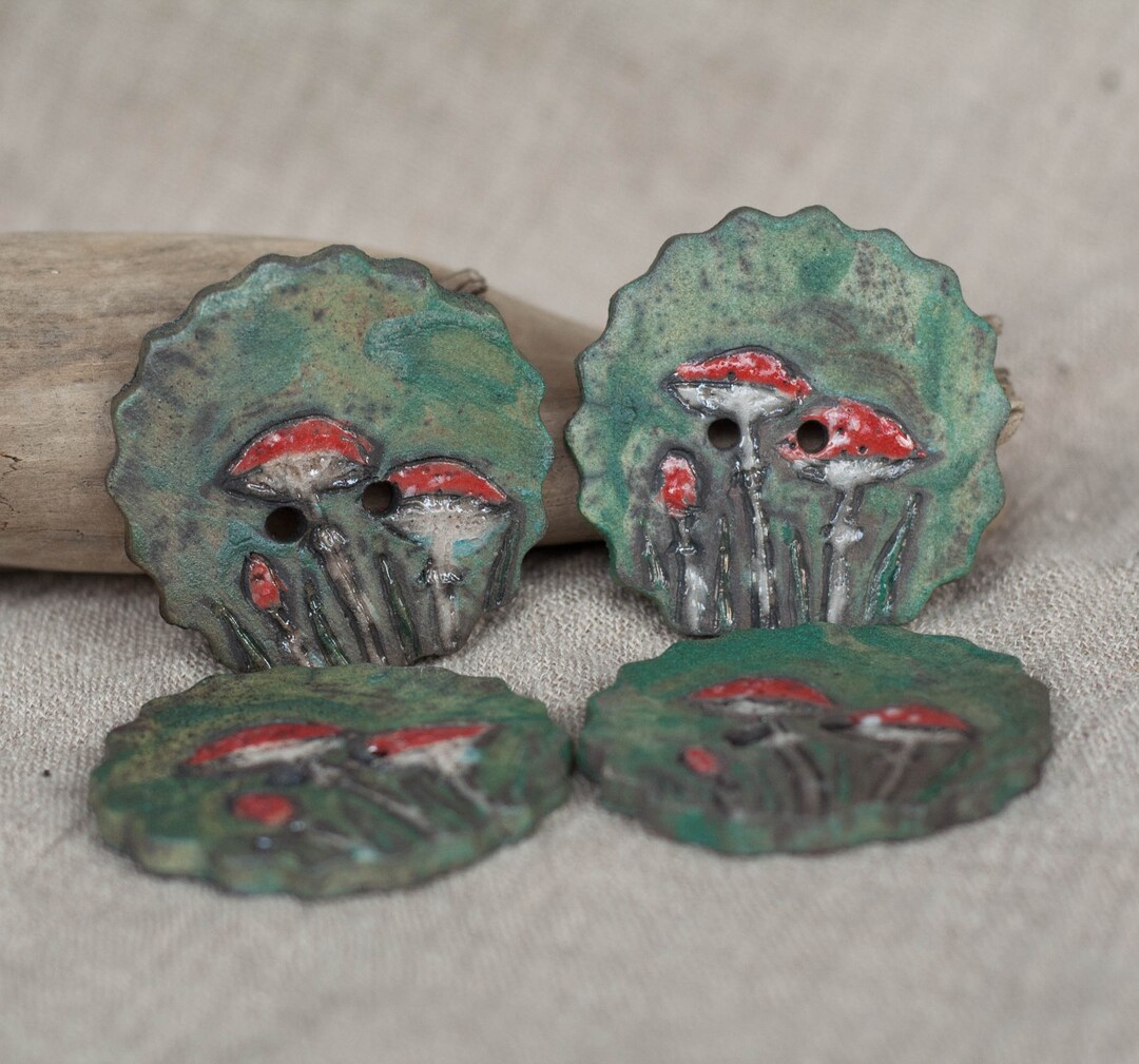 4 Ceramic Buttons With Toadstools, Sewing Accessories, Craft ...