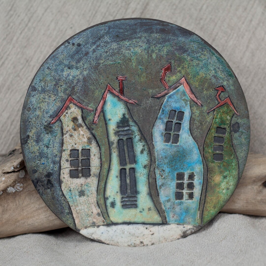 Raku Ceramic Art Tile With Tiny Houses, Wall Decor, Room Decoration, Home Decor, Raku Ceramic ...