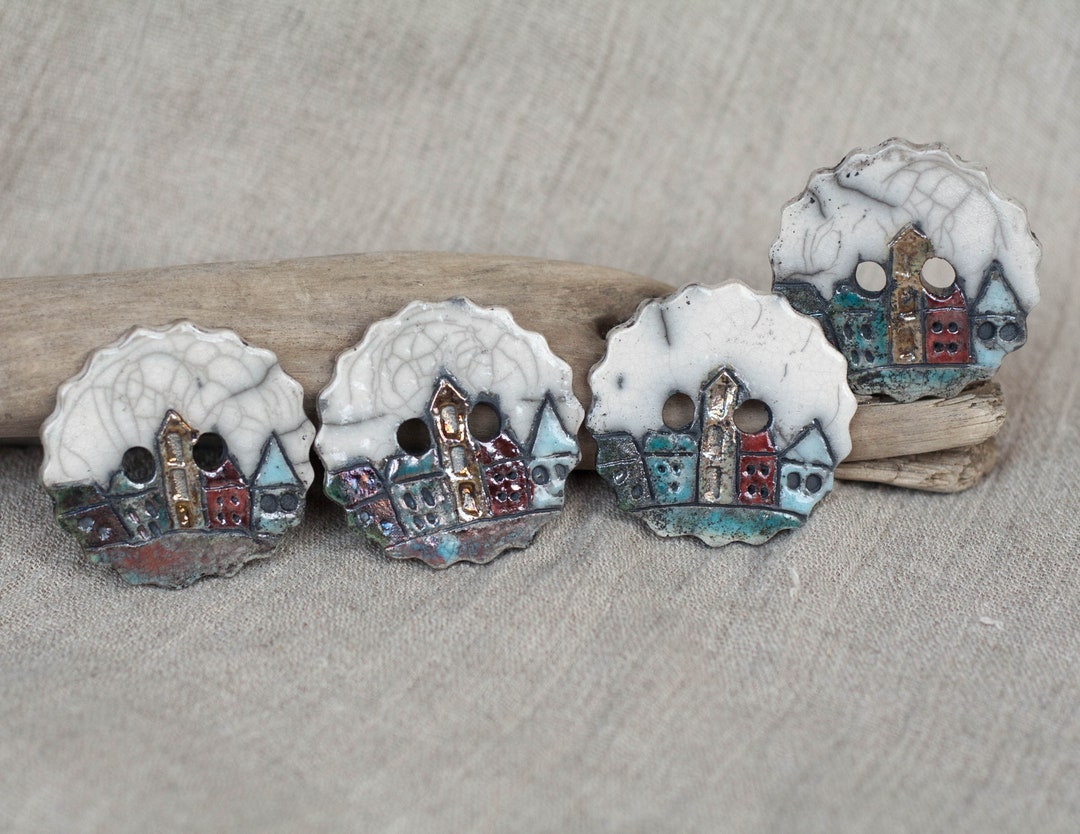 4 Ceramic Buttons With Houses, Sewing Accessories, Craft Accessories ...