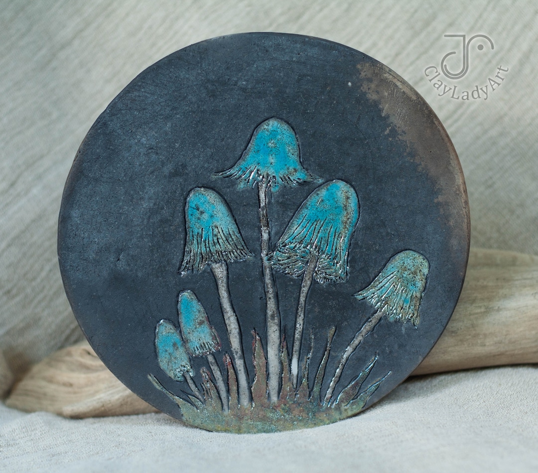 Raku Ceramic Art Tile With Mushrooms, Wall Decor, Room Decor, Home Decor, Ceramic Picture, Round ...