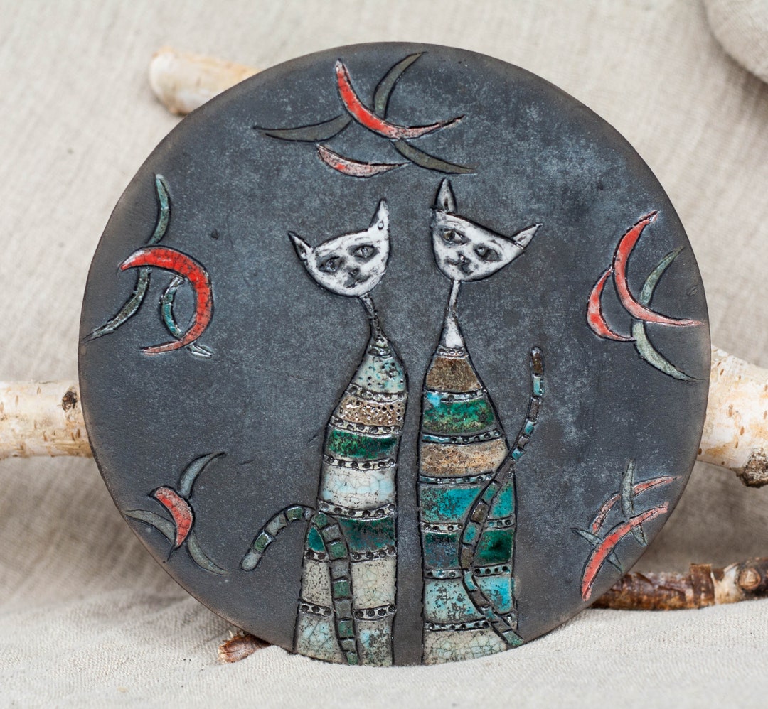 Raku Ceramic Art Tile With Cats, Wall Decor, Room Decor, Home Decor, Raku Ceramic Picture, Round ...